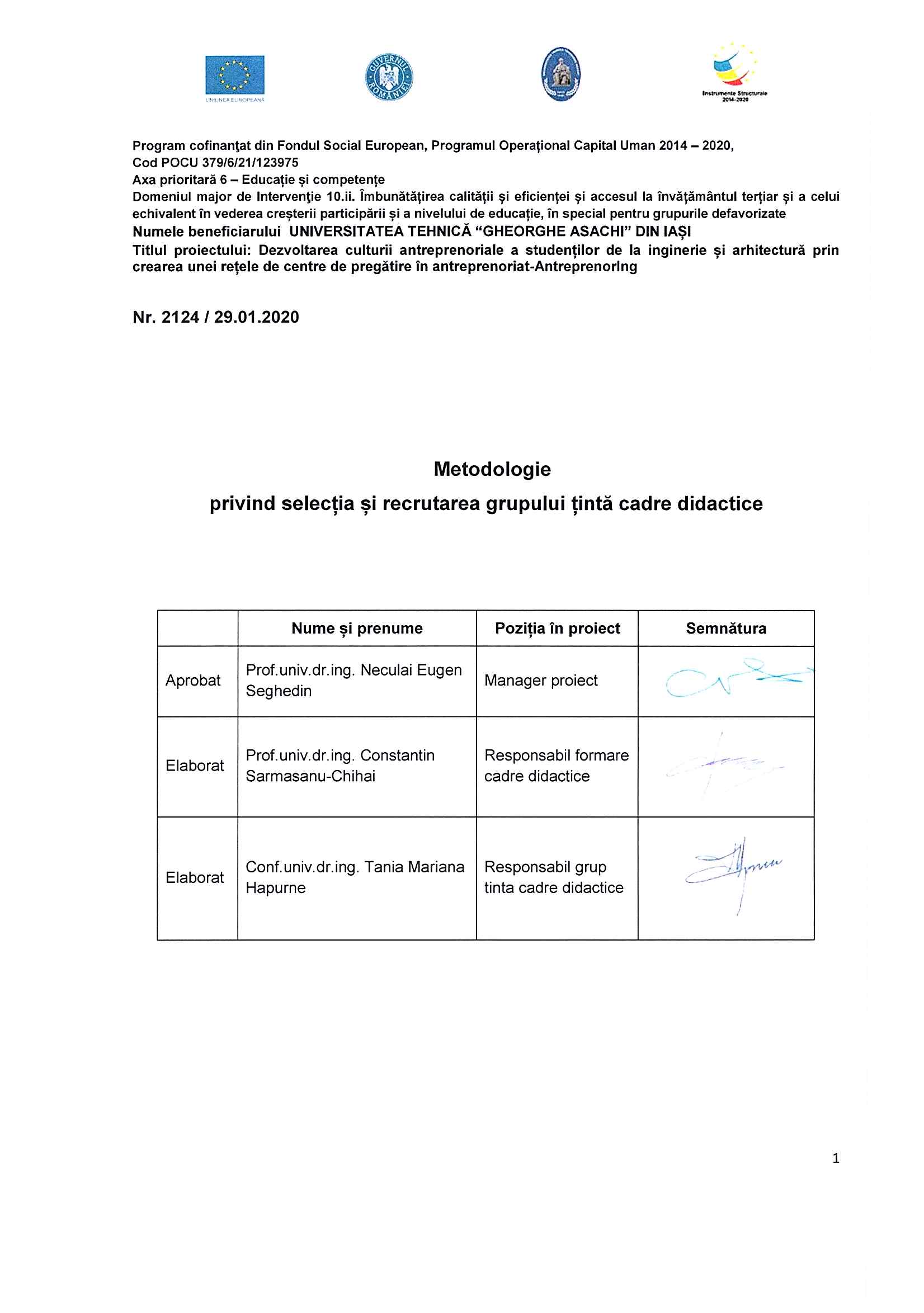 Metodologie privind selectia si recrutarea grupului tinta cadre ...